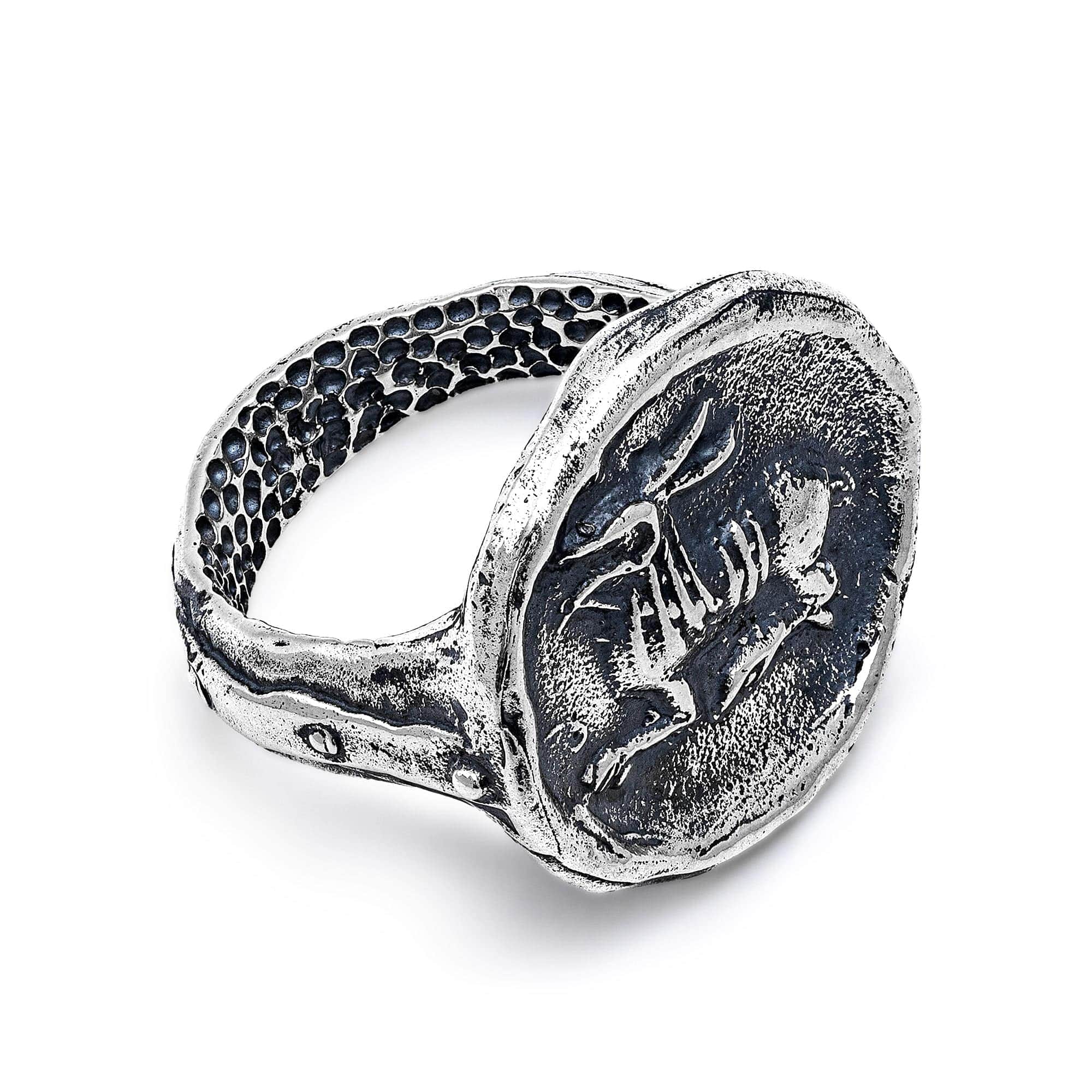 Oxidized 925 Silver Ring with Ancient Celestial Steed Seal | 925 Sterling Silver Art Jewelry