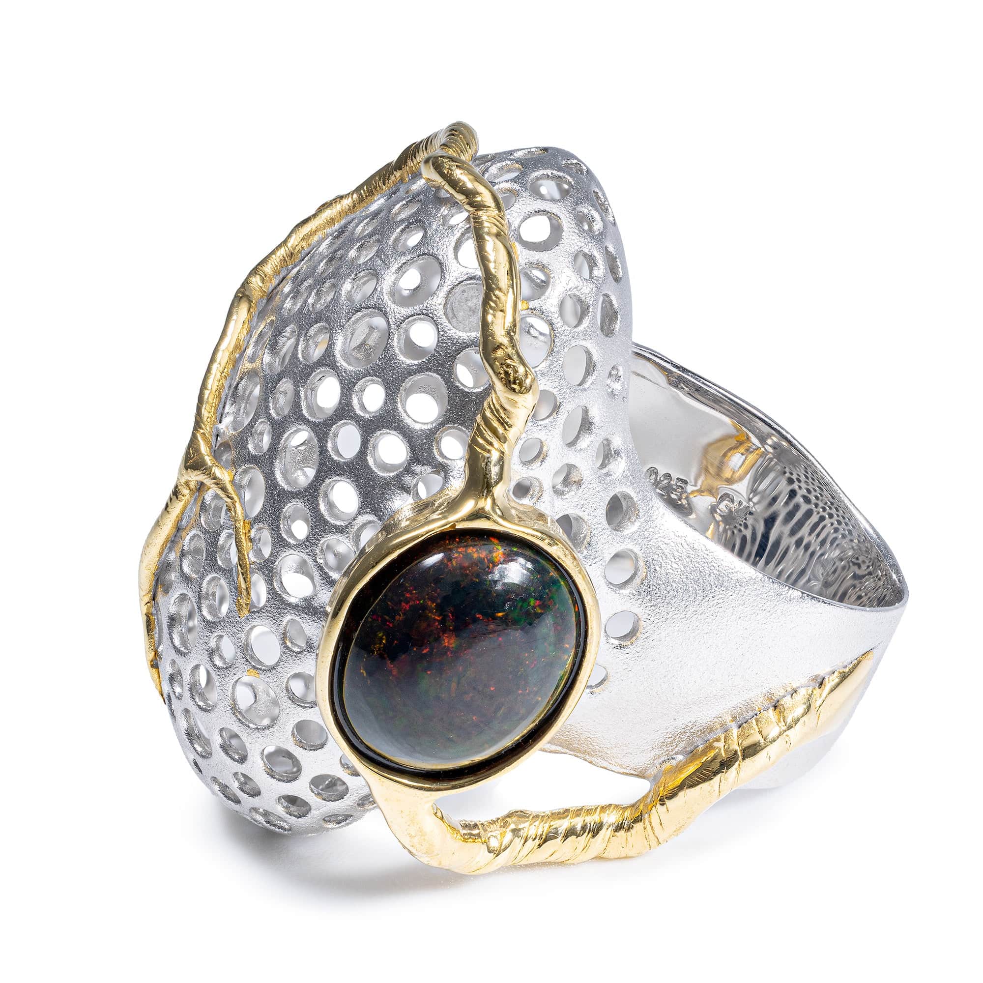 Sallan Singular Edition Silver Ring with Black Opal Cabochon in White ...