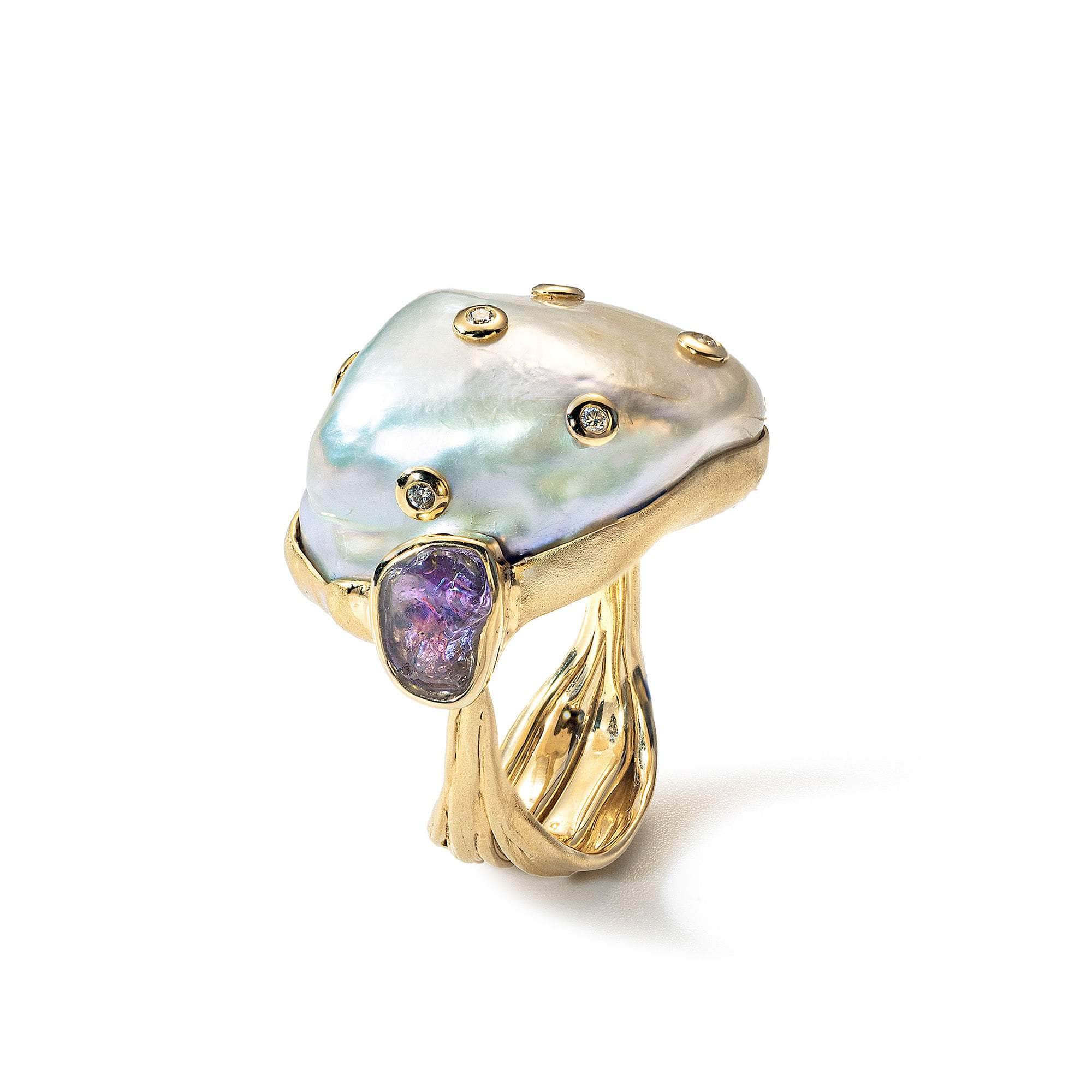 Solle Gold Ring with Baroque Pearl Encrusted with Diamonds & Pink Sapphire