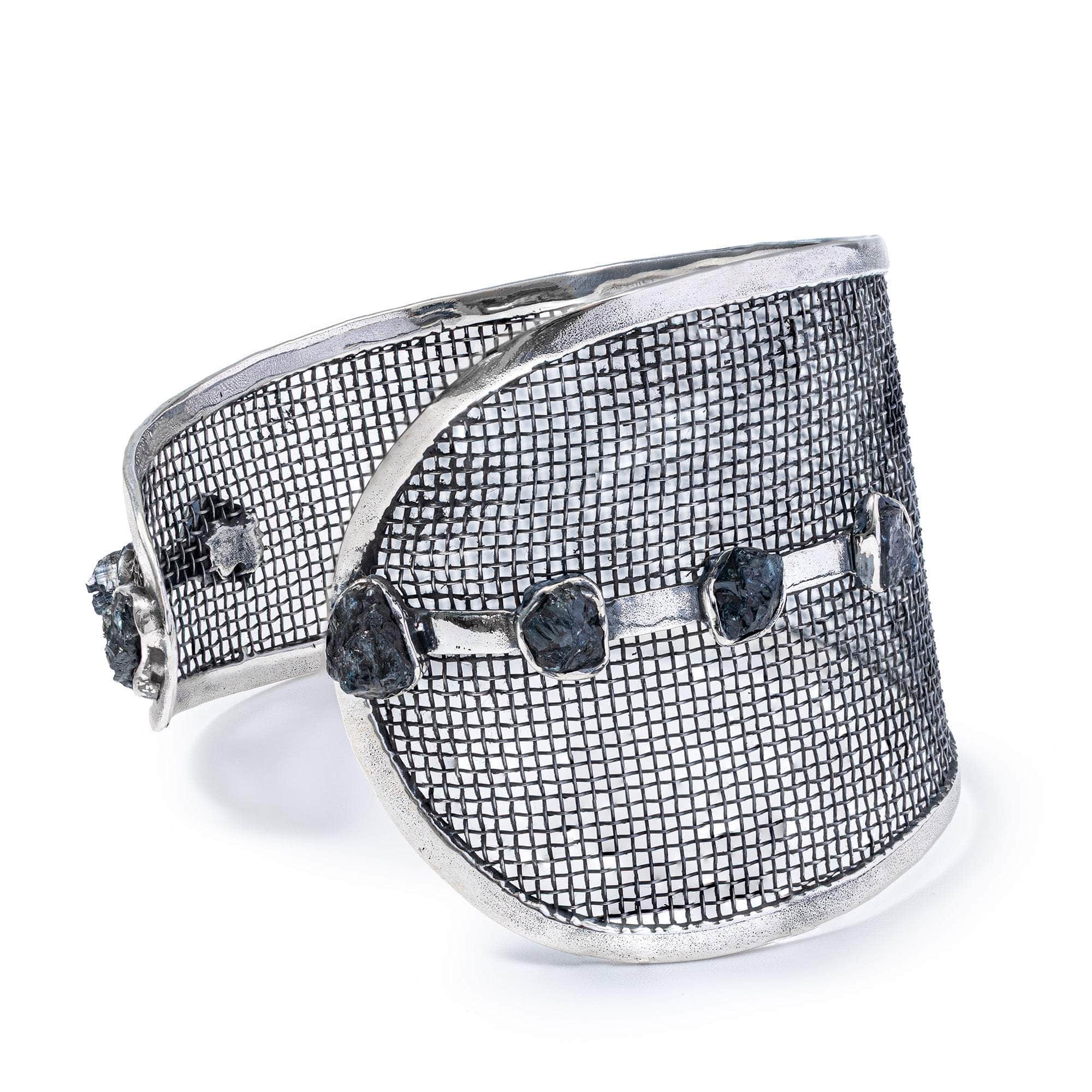 Espalier Oxidized 925 Silver & Titanium Mesh Bracelet with Raw Sapphire ...