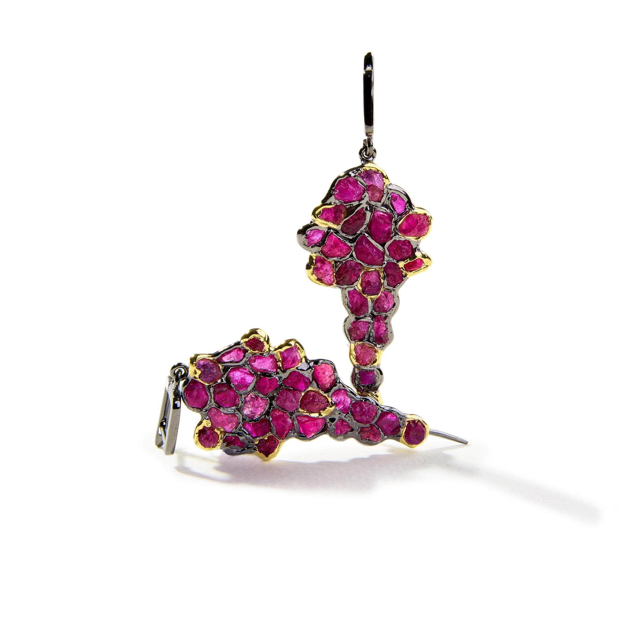 Faye Rough Ruby Earrings | 925 Silver, Black Rhodium & 18K Gold